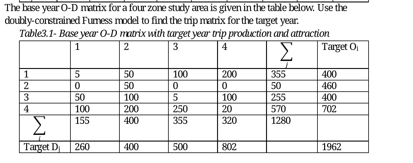 Solved The base year O-D matrix for a four zone study area | Chegg.com