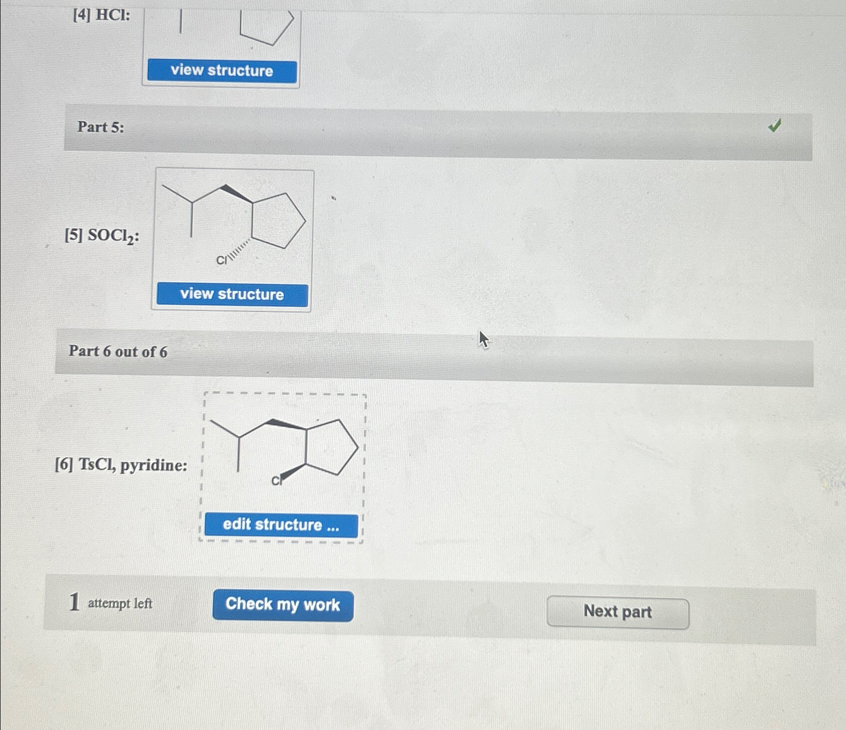 [4] ﻿HCl:1 view structurePart 5:[5] SOCl2 ﻿:Part 6 | Chegg.com