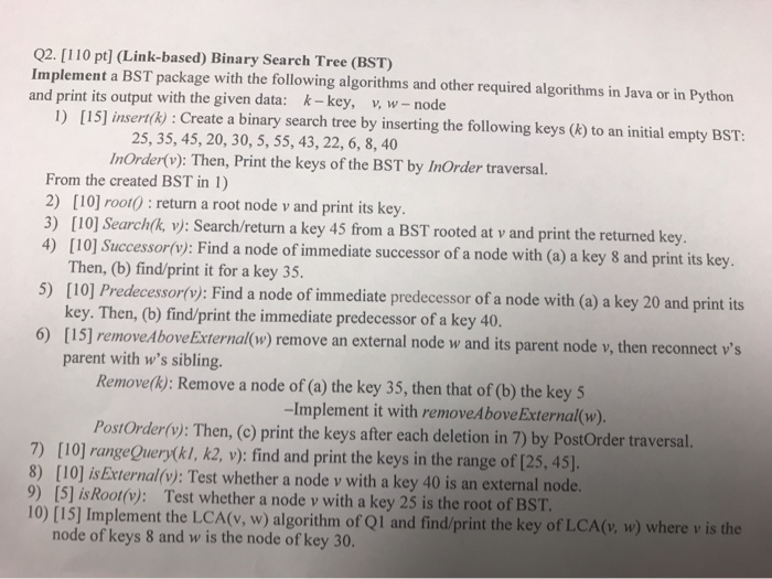 Q2. [110 pt] (Link-based) Binary Search Tree (BST) | Chegg.com