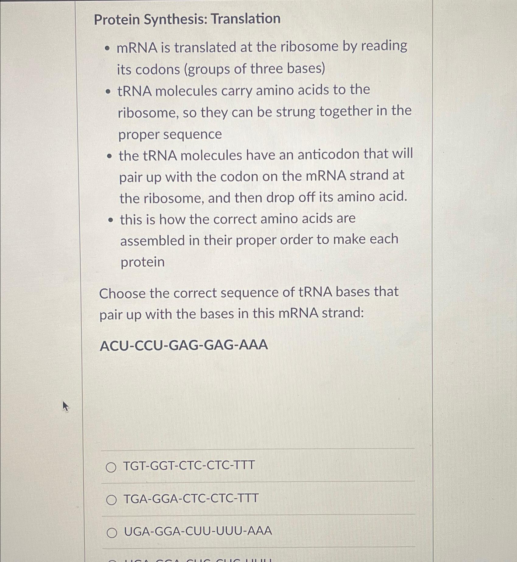 Solved Protein Synthesis: TranslationmRNA is translated at | Chegg.com