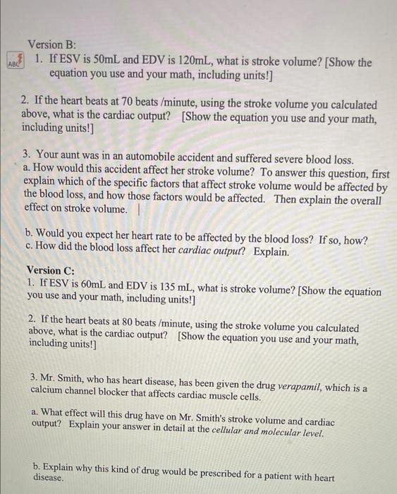 Solved ABC Version B: 1. If ESV is 50mL and EDV is 120mL, | Chegg.com