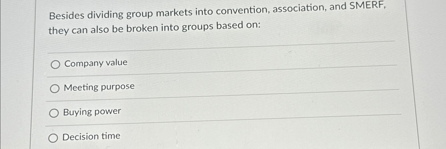 Solved Besides dividing group markets into convention, | Chegg.com