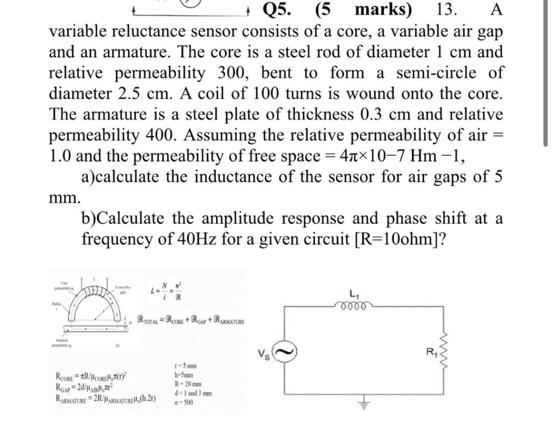 Solved Q5. (5 marks) 13. A variable reluctance sensor | Chegg.com
