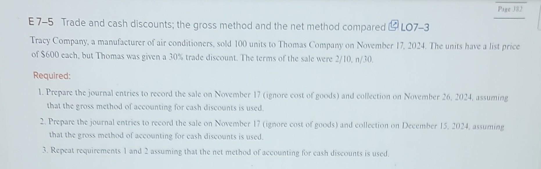 Solved E 7-5 Trade and cash discounts; the gross method and | Chegg.com