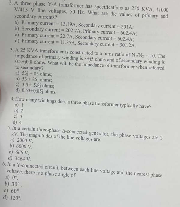 Solved A three-phase Y- Δ ﻿transformer has specifications as | Chegg.com