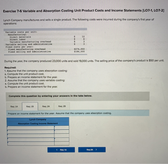 Solved Exercise 7-6 Variable and Absorption Costing Unit | Chegg.com
