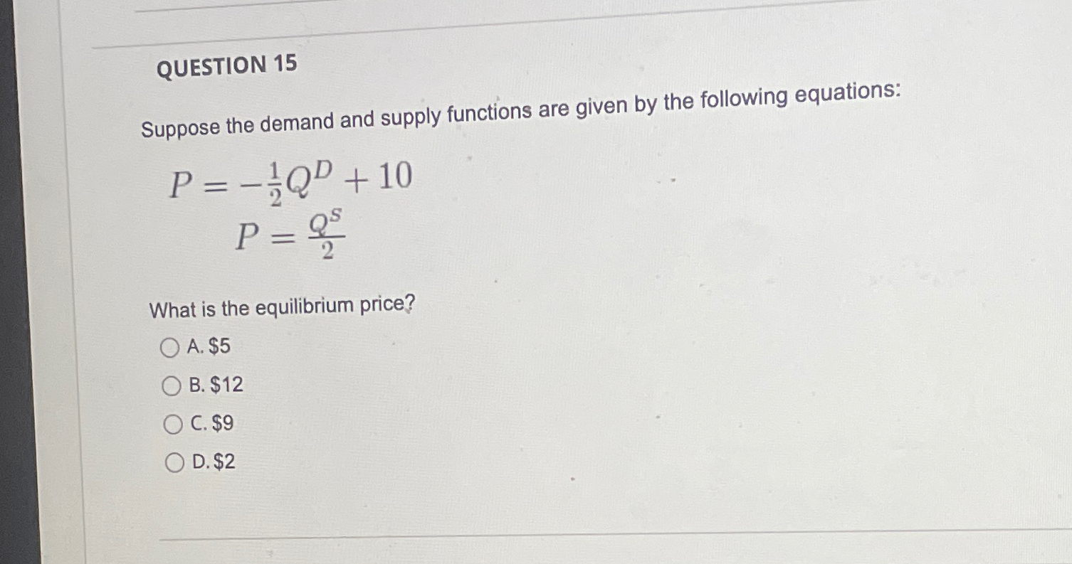 Solved QUESTION 15Suppose the demand and supply functions | Chegg.com