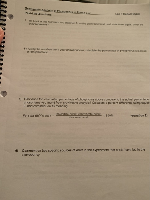 Gravimetric Analysis of Phosphorus in Plant Food | Chegg.com