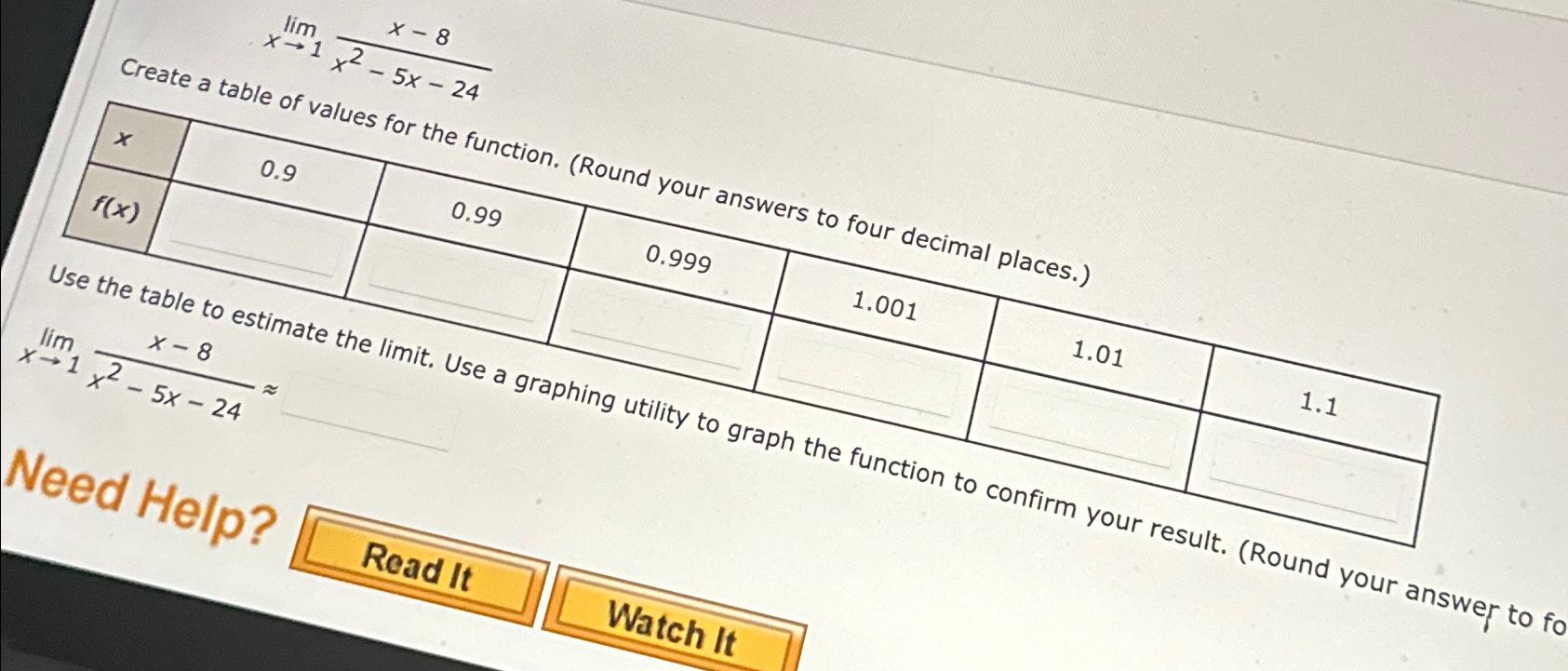 Solved limx→1x-8x2-5x-24Create a table of values for the | Chegg.com