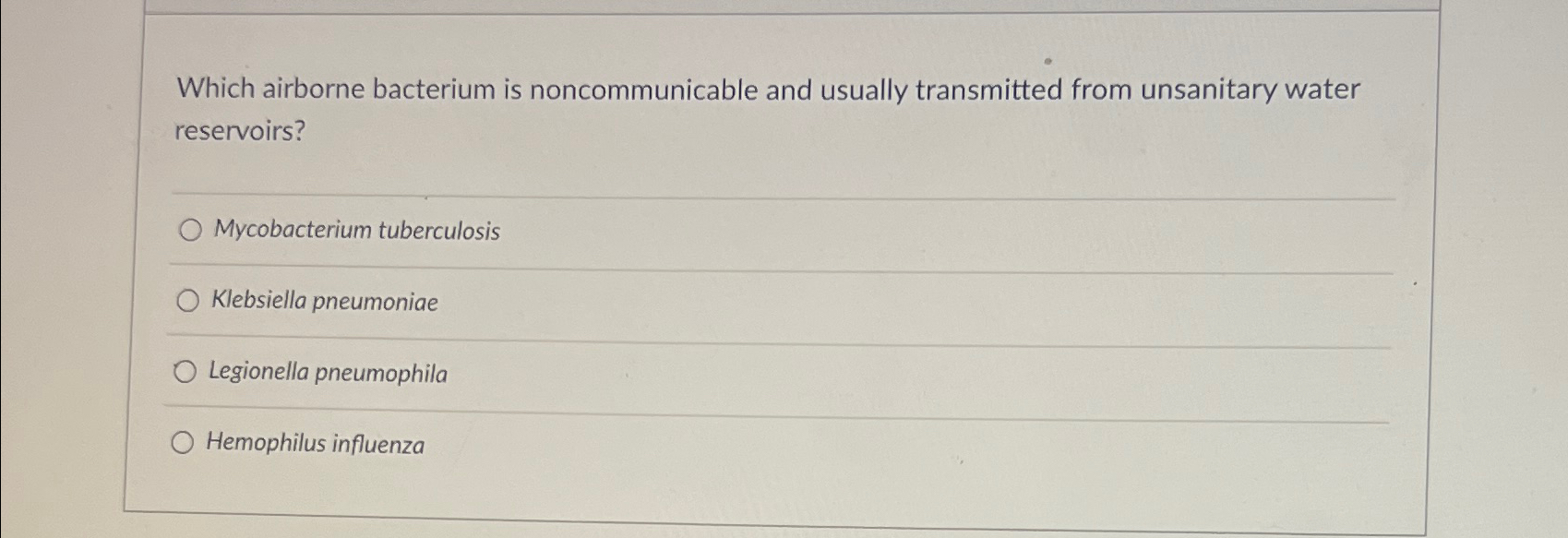 Solved Which airborne bacterium is noncommunicable and | Chegg.com