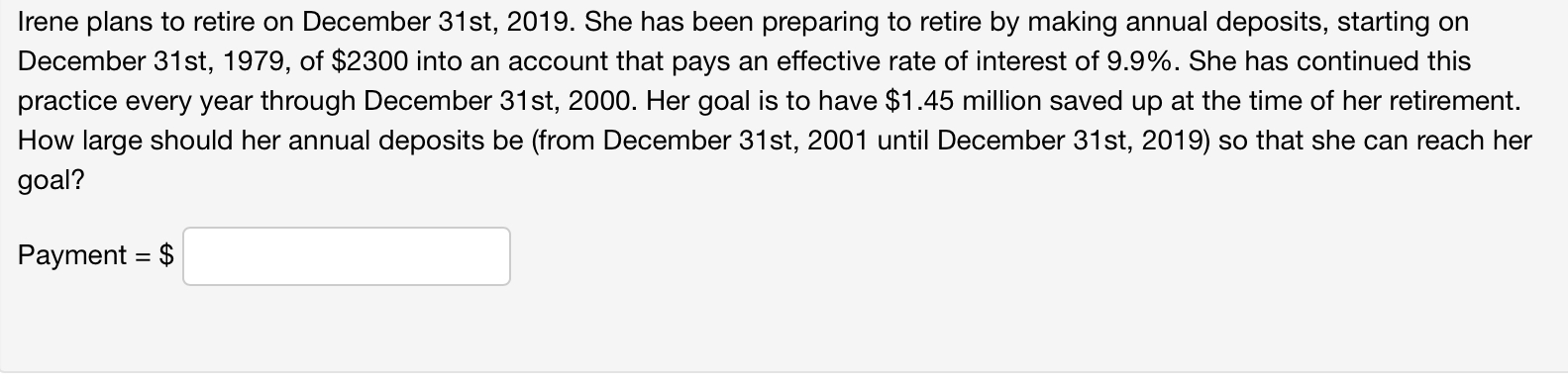 Solved Irene plans to retire on December 31st, 2019. ﻿She | Chegg.com