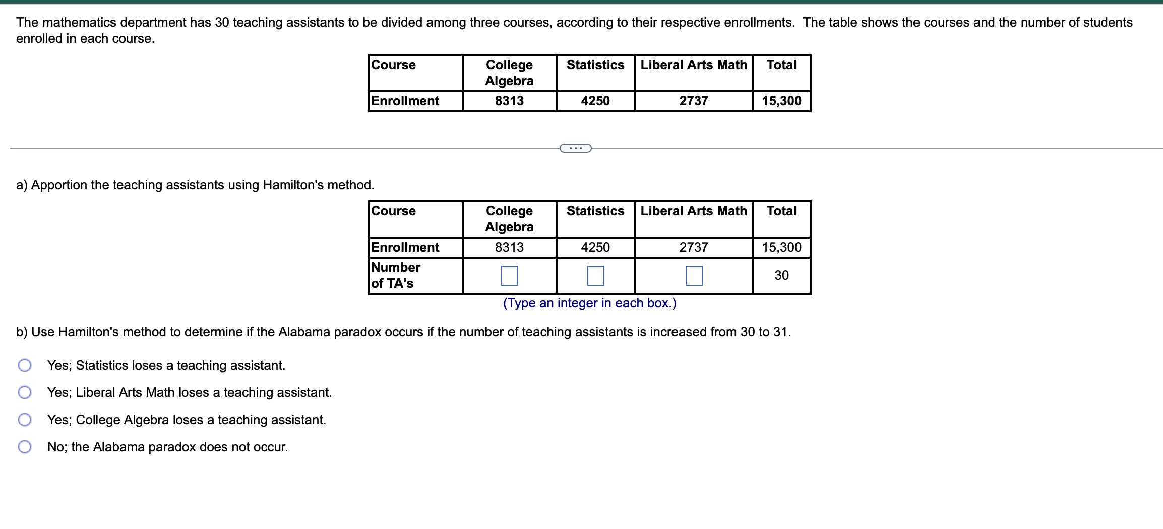 Solved enrolled in each course.a) ﻿Apportion the teaching | Chegg.com