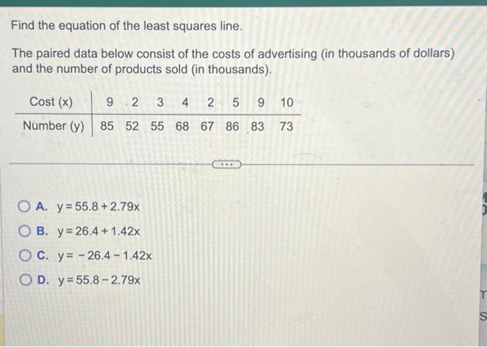 Solved Find the equation of the least squares line. The | Chegg.com