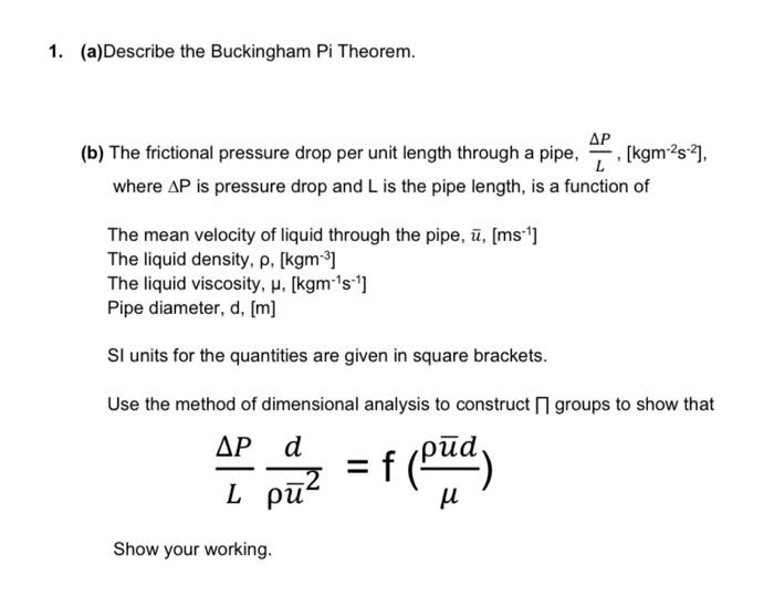Solved 1. (a)Describe the Buckingham Pi Theorem. AP (b) The | Chegg.com