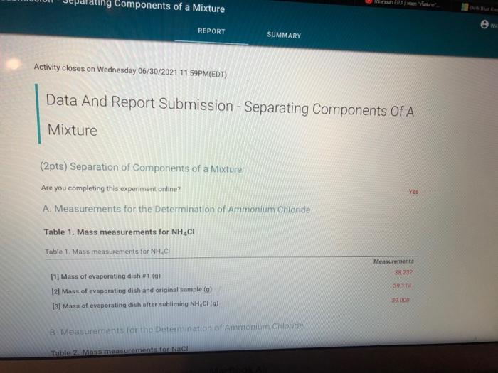 Solved Components of a Mixture REPORT SUMMARY Activity | Chegg.com