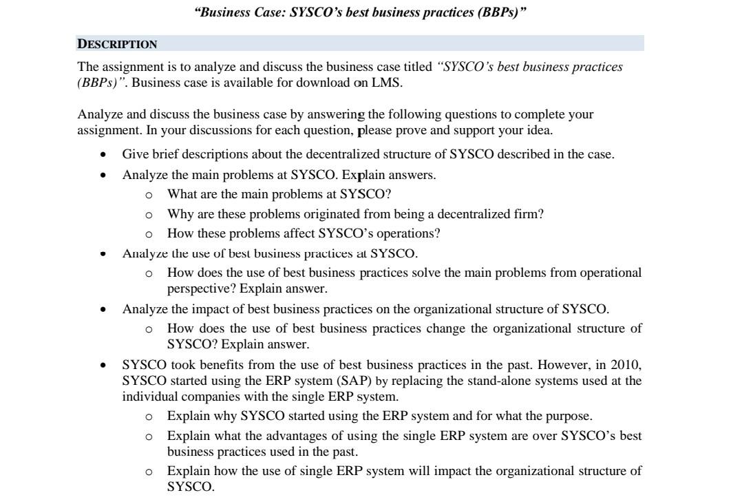 "Business Case: SYSCO's best business practices | Chegg.com