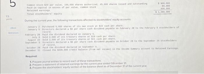 Solved 5 1.5 points eBook References Common stock-$20 par | Chegg.com