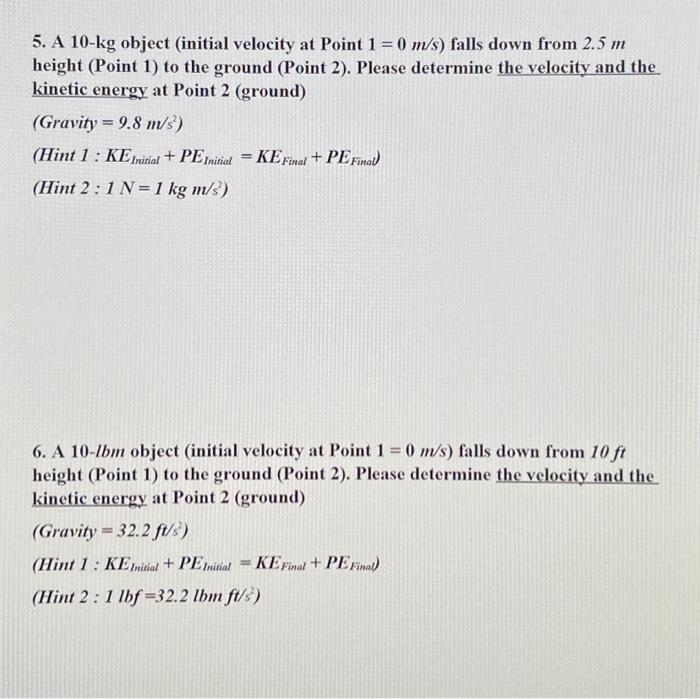 Solved 5. A 10-kg object (initial velocity at Point 1=0 m/s | Chegg.com