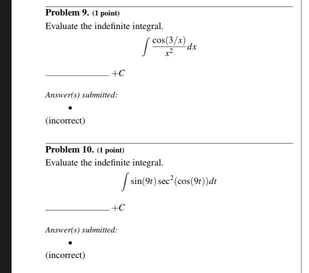 Solved Problem 9. (1 point) Evaluate the indefinite | Chegg.com