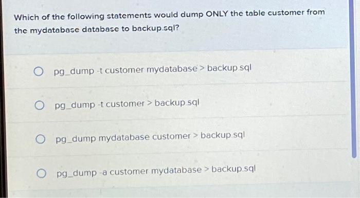 Solved Which of the following statements would dump ONLY the | Chegg.com