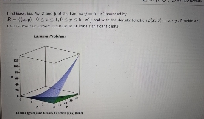 Solved Find Mass, Mx, ﻿My, x‾ ﻿and ?bar (y) ﻿of the Lamina | Chegg.com