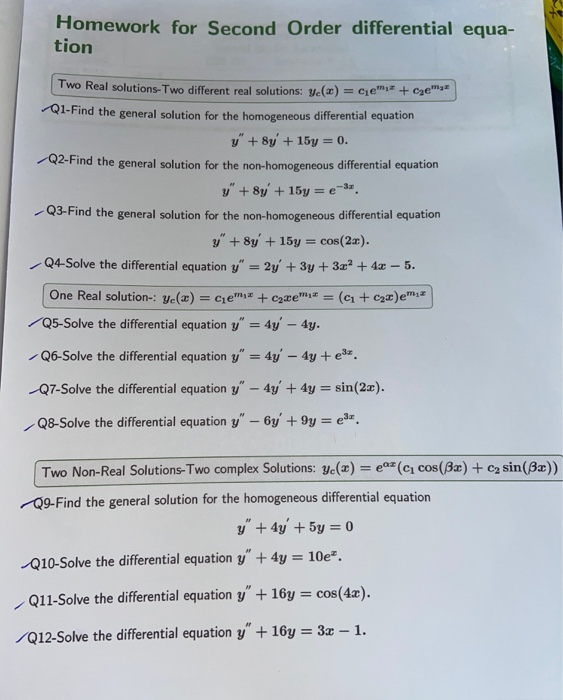Solved Homework for Second Order differential equa- tion Two | Chegg.com