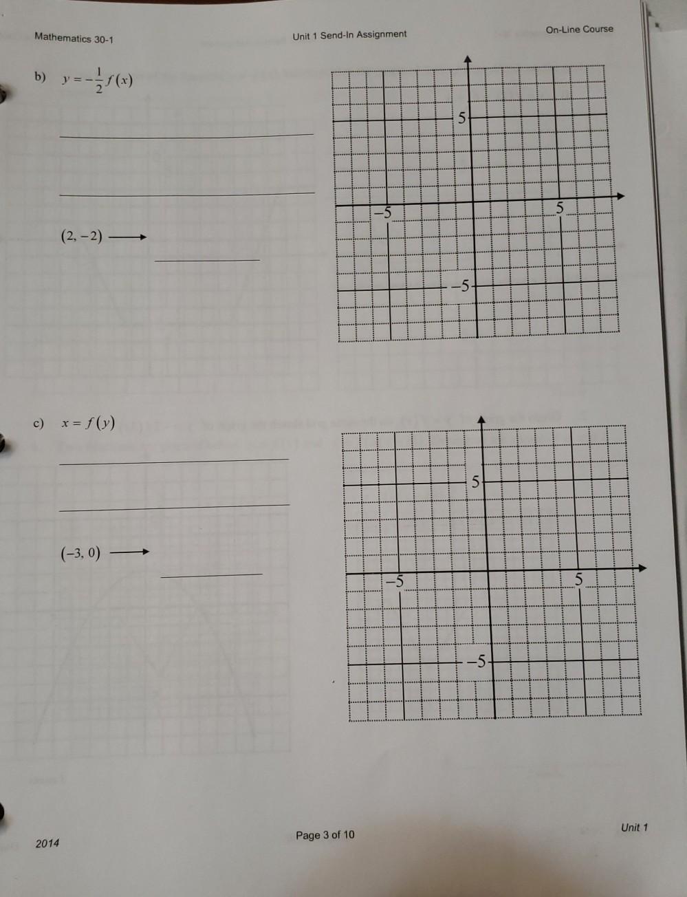 Solved On-Line Course Mathematics 30-1 Unit 1 Send-In | Chegg.com