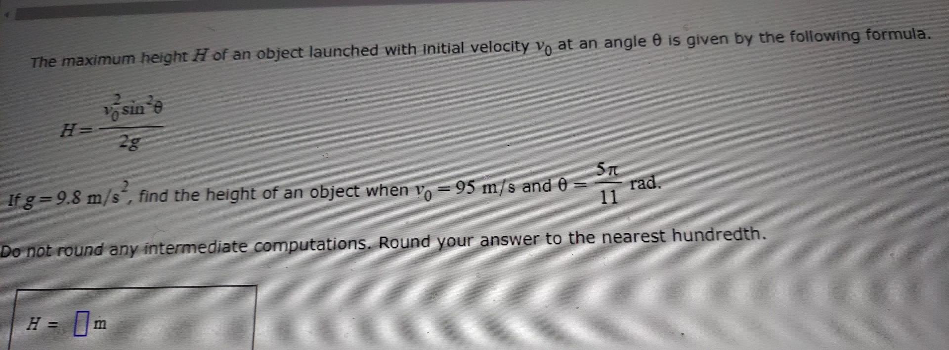 Solved The maximum height Hof an object launched with | Chegg.com