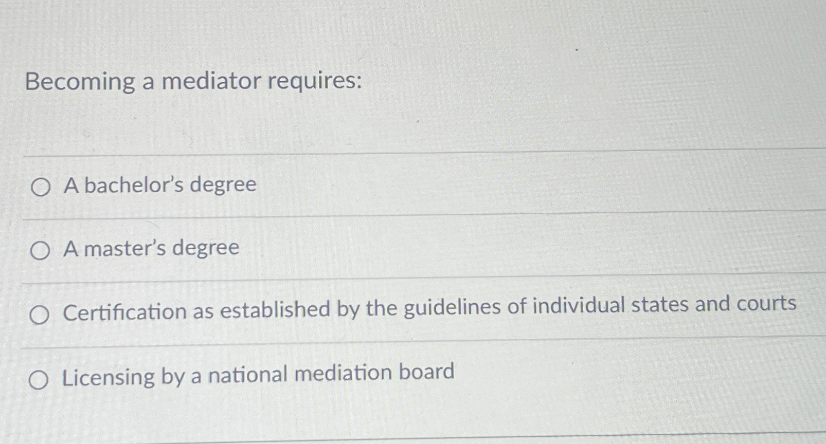 Solved Becoming a mediator requires:A bachelor's degreeA | Chegg.com