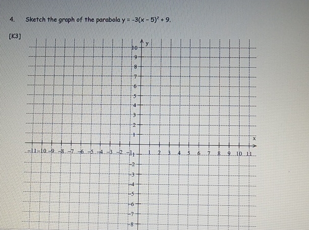 Solved Sketch the graph of the parabola y=-3(x-5)2+9.[K3] | Chegg.com