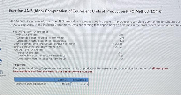 Solved Exercise 4A-5 (Algo) Computation of Equivalent Units | Chegg.com