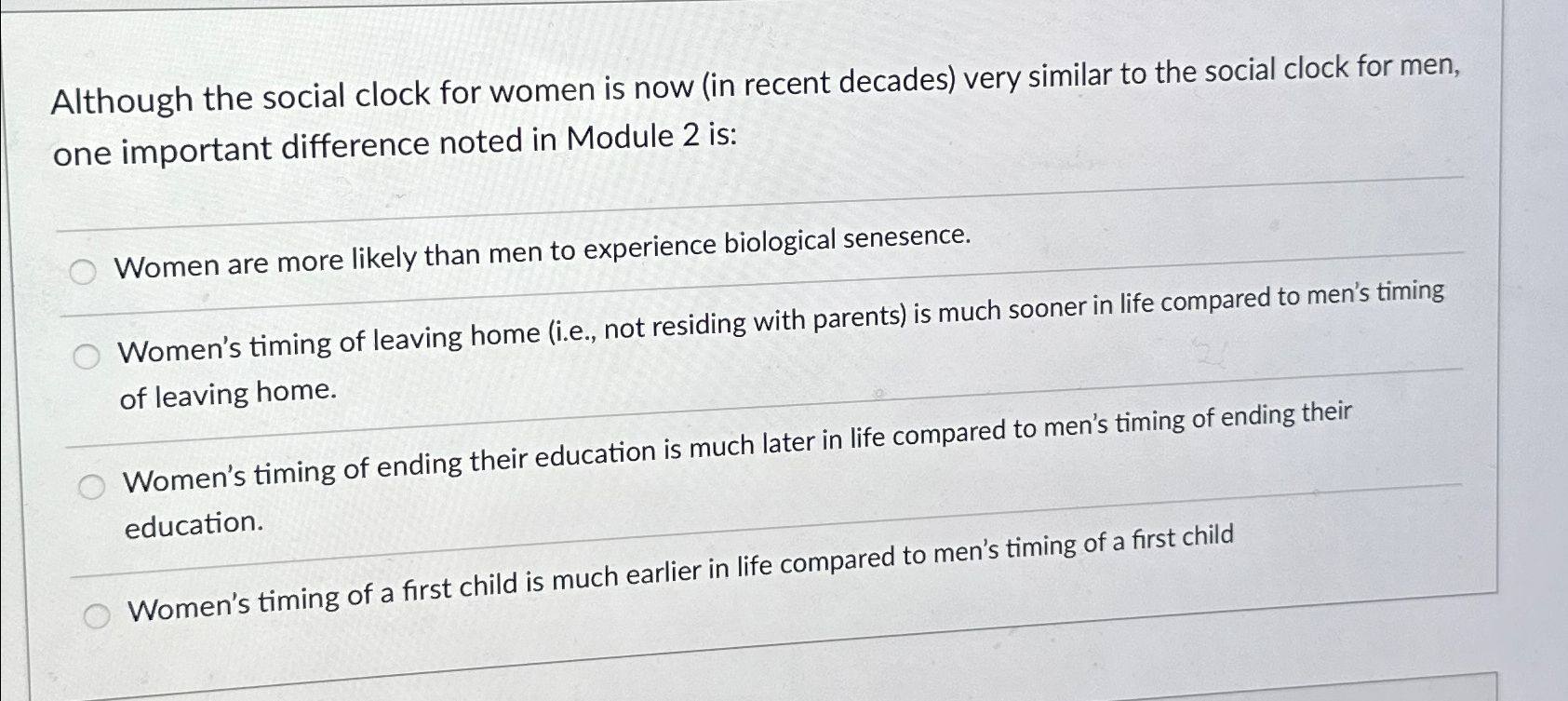 Solved Although the social clock for women is now (in recent | Chegg.com
