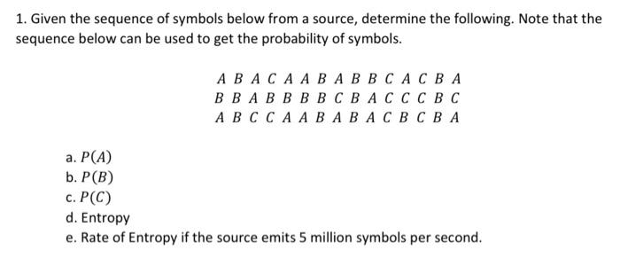 Solved 1. Given the sequence of symbols below from a source, | Chegg.com