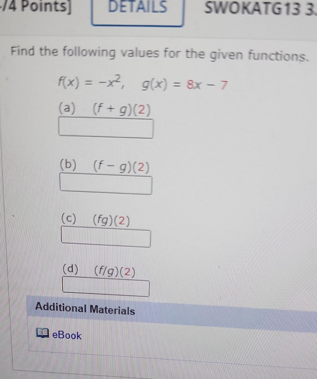 Solved Find the following values for the given functions. | Chegg.com