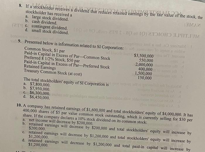 Solved 8. If a stockholder receives a ESOS. stockholder has | Chegg.com