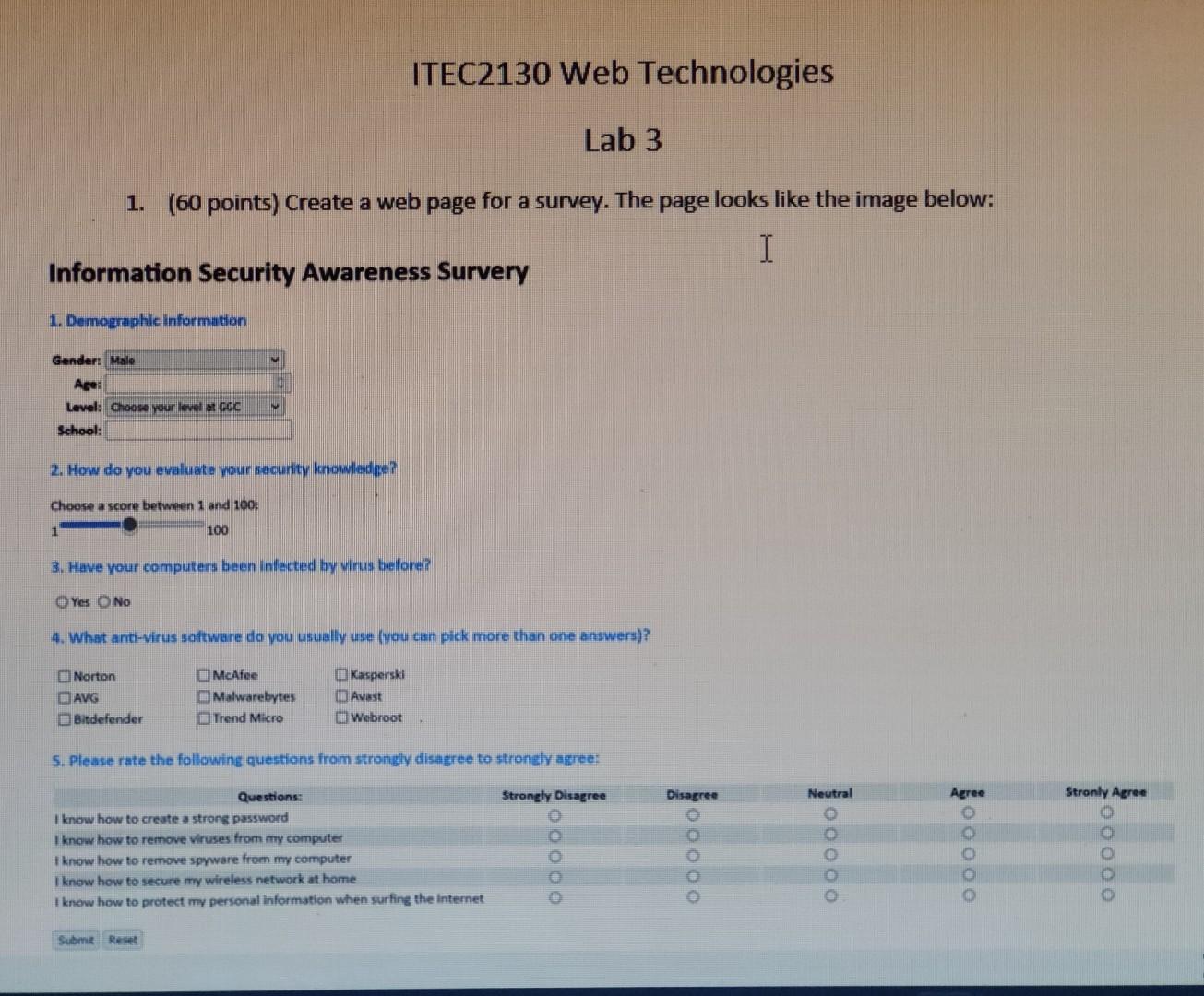 Solved 1. (60 points) Create a web page for a survey. The | Chegg.com