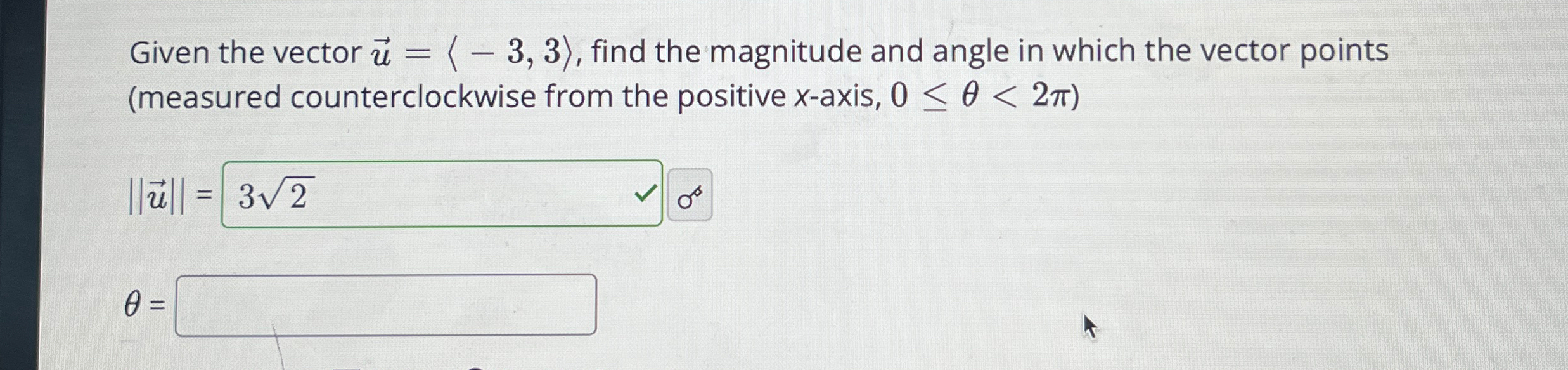 Solved Given the vector vec(u)=(:-3,3:), ﻿find the magnitude | Chegg.com