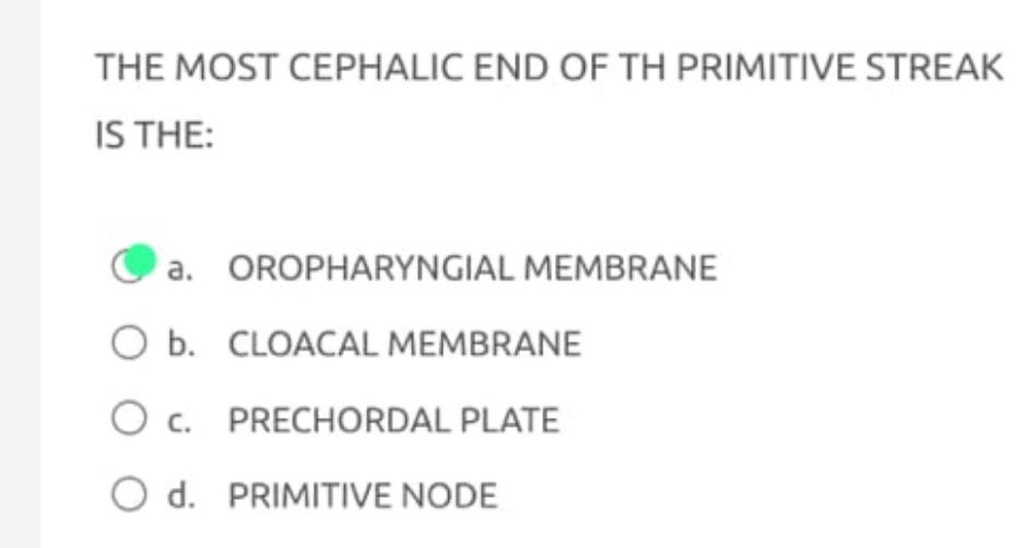 Solved THE MOST CEPHALIC END OF TH PRIMITIVE STREAK IS | Chegg.com