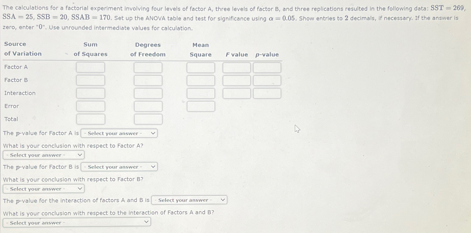 Solved The calculations for a factorial experiment involving | Chegg.com