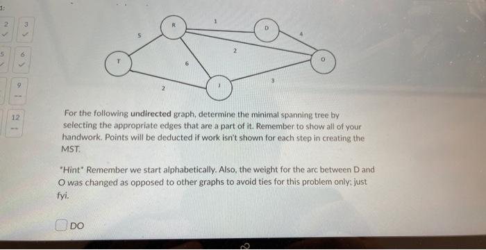 Solved For the following undirected graph, determine the | Chegg.com