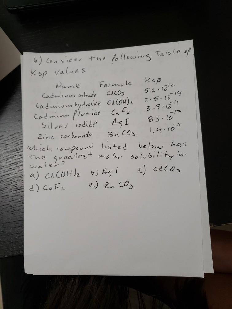 Solved 6) consider the following table of Ksp values | Chegg.com