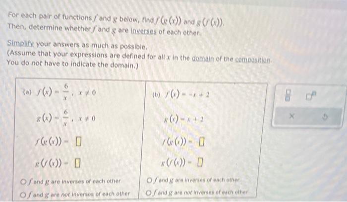 Solved For each pair of functions f and g below, find | Chegg.com