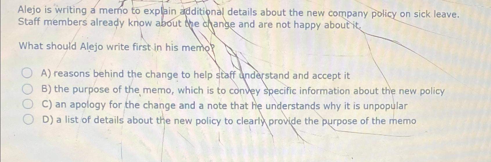 Solved Alejo is writing a meno to explain additipnal details | Chegg.com