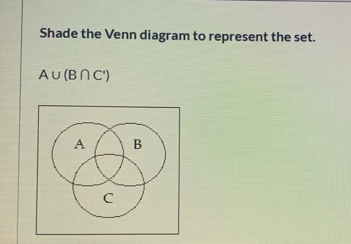 Solved Shade the Venn diagram to represent the set. AU(BNC) | Chegg.com