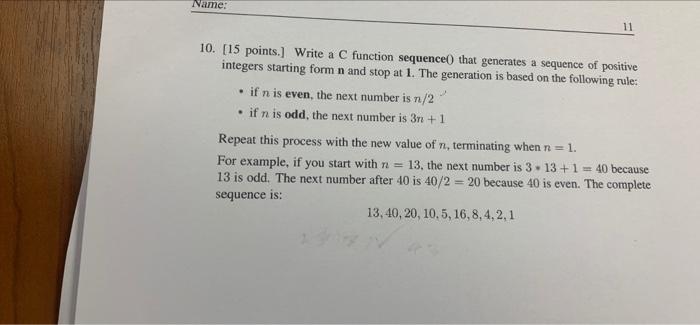 Solved Name: 11 10. [15 points.] Write a C function | Chegg.com