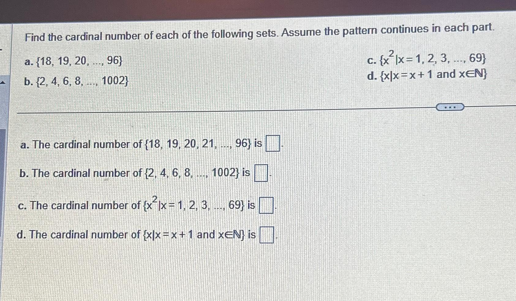 Solved Find the cardinal number of each of the following | Chegg.com