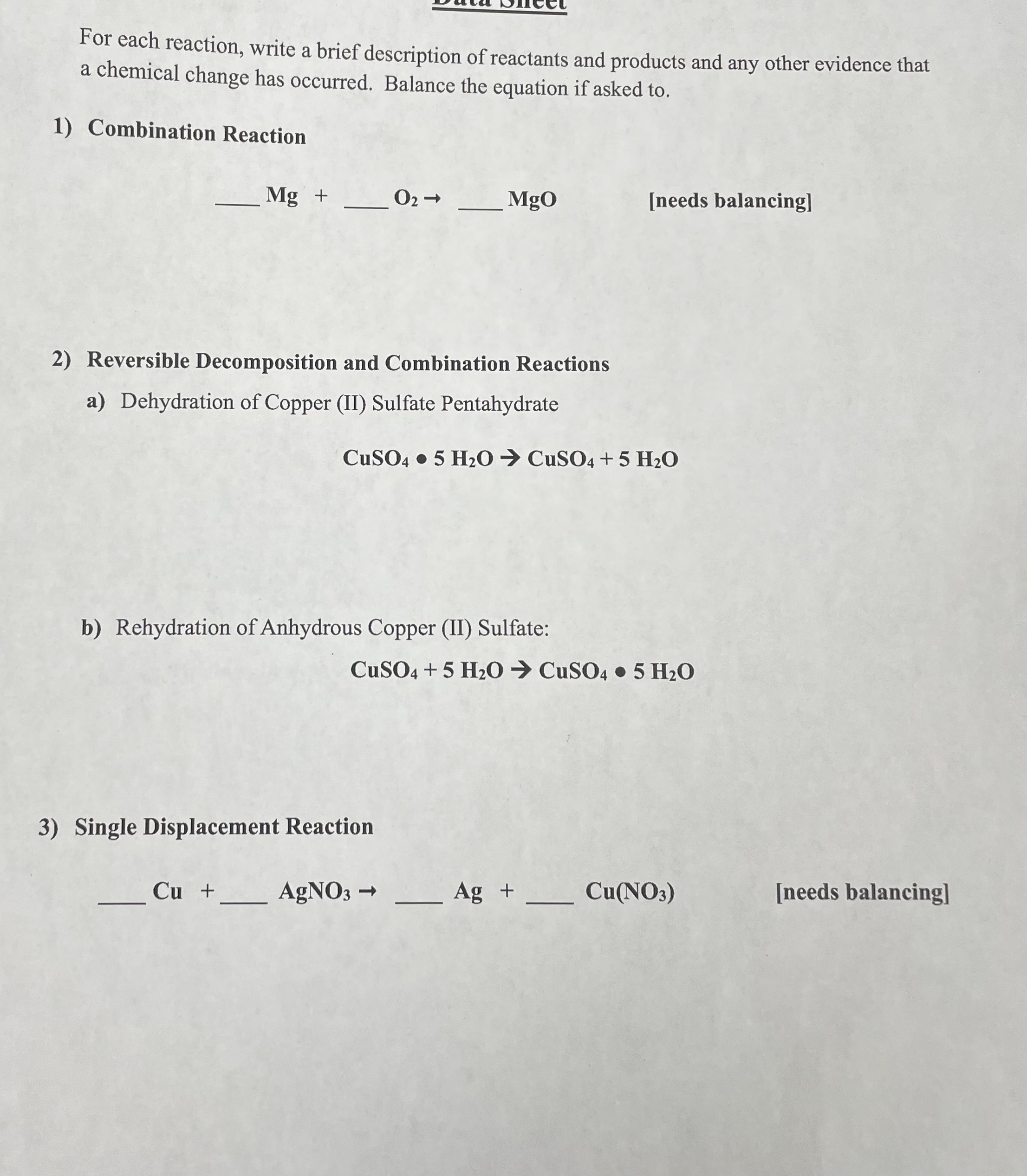 Solved For each reaction, write a brief description of | Chegg.com