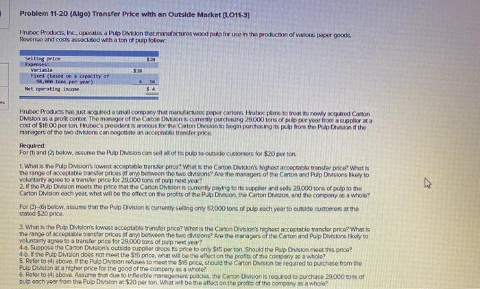 Problem 11-20 (Algo) Transfer Price with an Outside | Chegg.com
