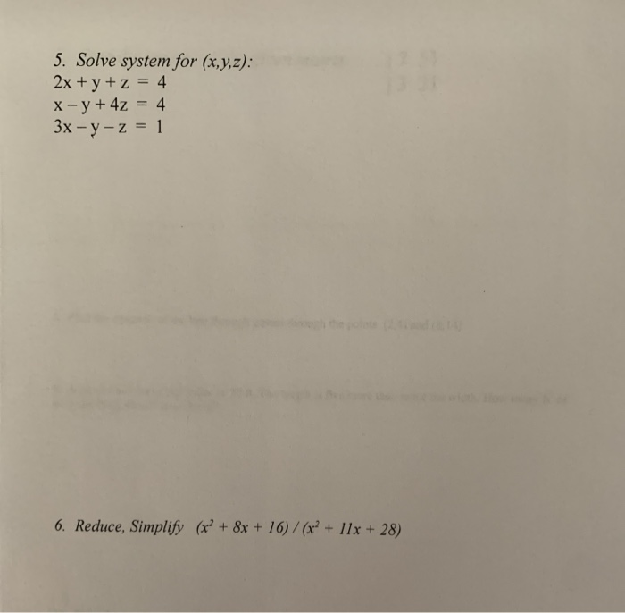 Solved 5. Solve system for (x,y,z): 2x + y + z = 4 X-y + 4z | Chegg.com