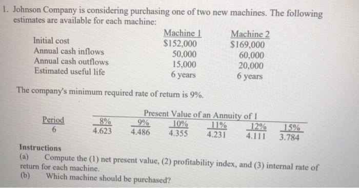 Solved 1. Johnson Company is considering purchasing one of | Chegg.com